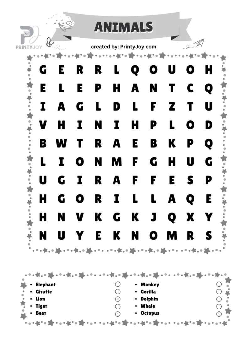 Animals Word Search For Kids Free Printable
