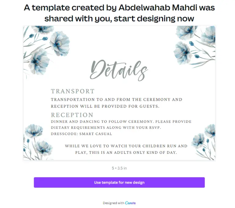 Wedding Details Information Card Template